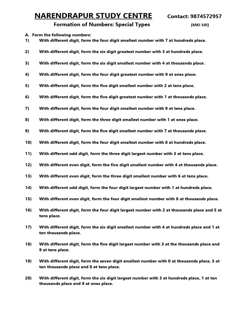 Number Formation and Comparison Exercises | PDF