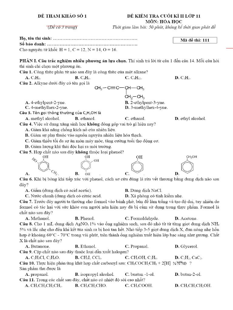 De 1 Kiem Tra Cuoi Hoc Ki 2 Mon Hoa Hoc 11 Form Tt7791docx - 2400 - PDF - Gdrive.vip | PDF