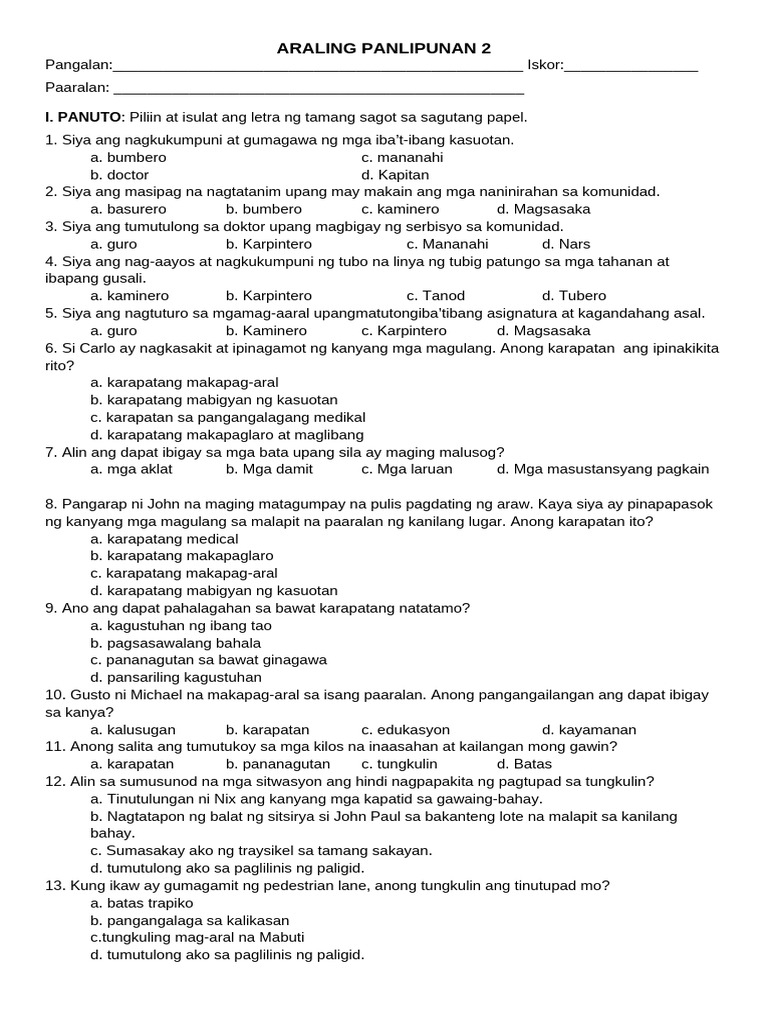 Araling Panlipunan 2 Q4 Exam | PDF