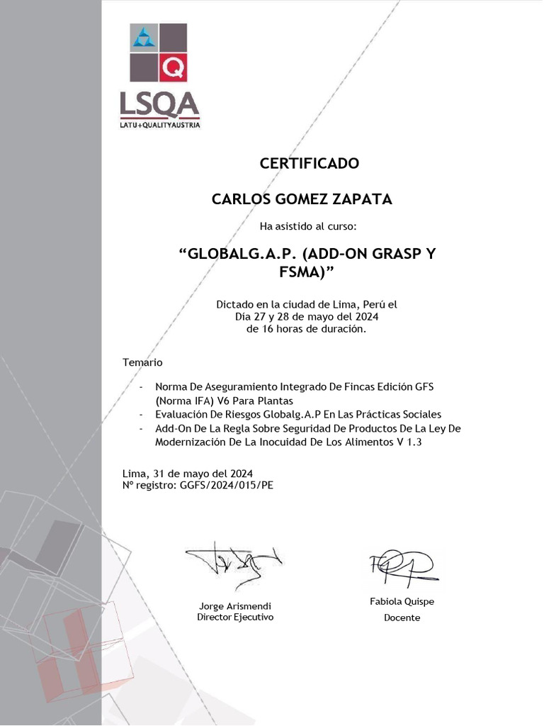 Certificado - Globalg.a.p. (Add-On Grasp y Fsma) - As5 | PDF