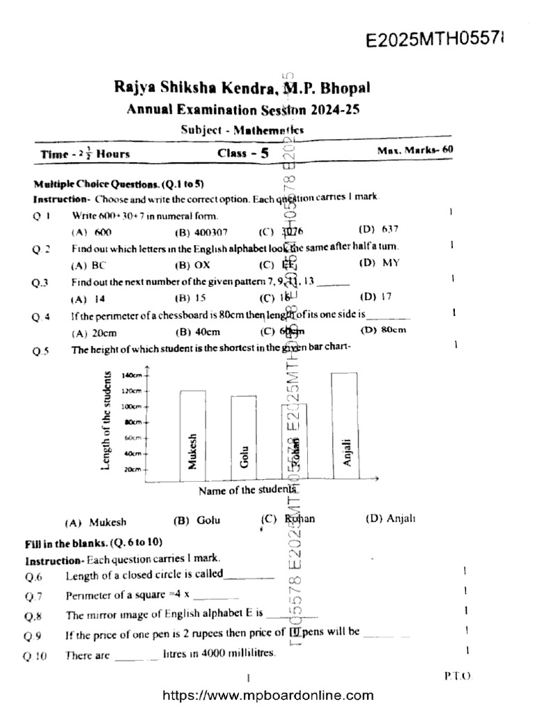 MP Board Class 5 Mathematics 05578 2025 | PDF