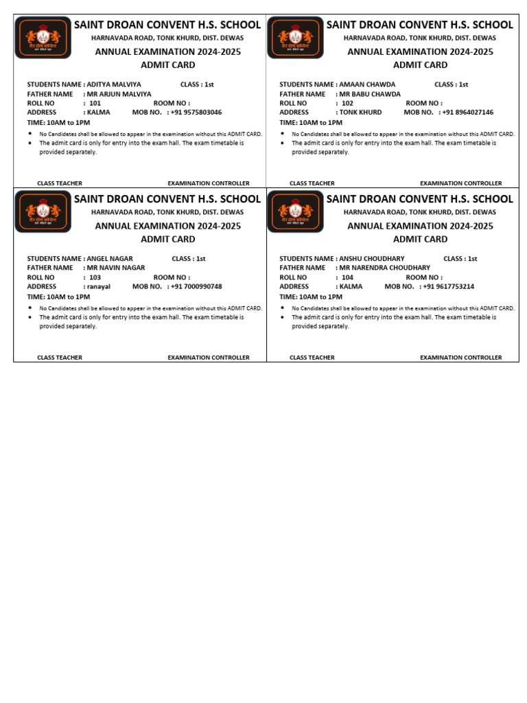 Annual Exam Admit Cards 2024-2025 | PDF | Evaluation Methods | Regulation