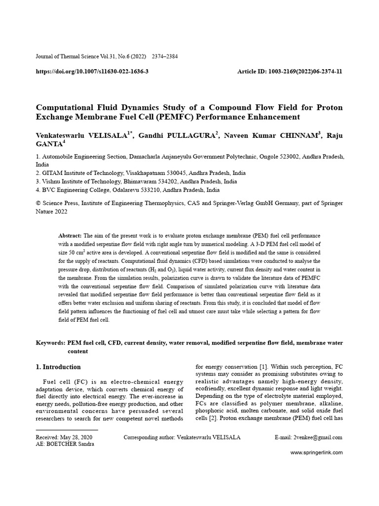 Computational Fluid Dynamics Study of a Compound Flow Field for Proton | PDF | Fuel Cell ...