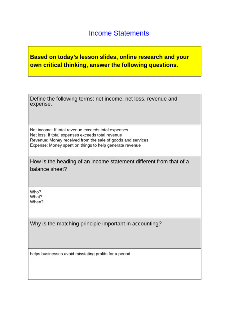 Copy of Income Statement Questions - Google Docs | PDF
