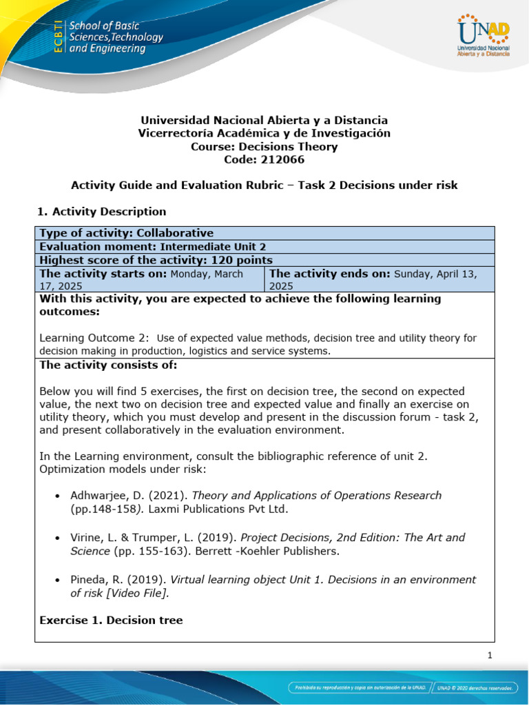 Activity Guide and Evaluation Rubric - Unit 2 -Task 2 - Decisions Under Risk | PDF | Expected ...