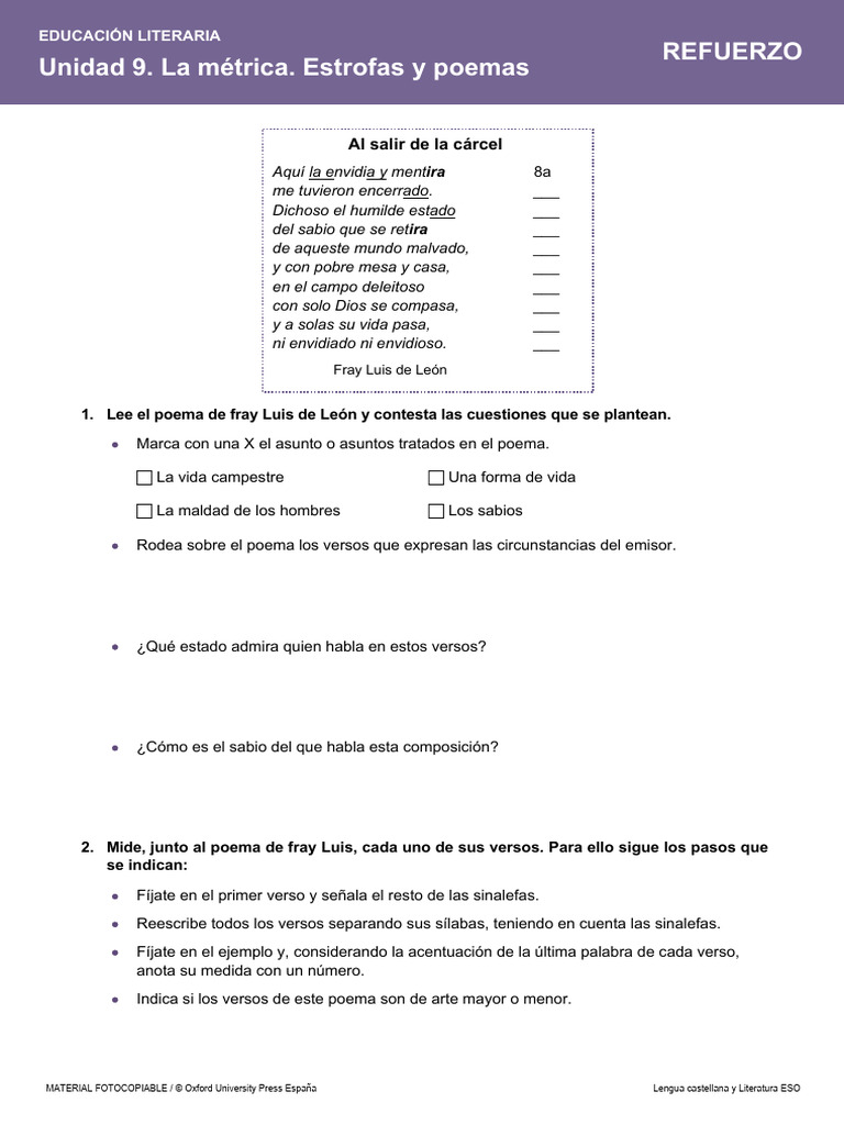 Análisis de Poemas para 2º ESO | PDF | Rima | Metro (poesía)