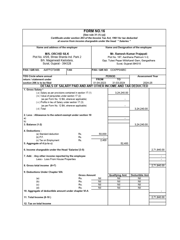 Ramesh Prajapati Form 16 24-25 | PDF | Alternative Minimum Tax | Tax Deduction
