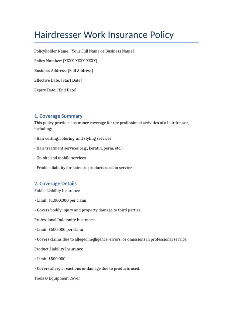 Hairdresser Work Insurance Policy | PDF