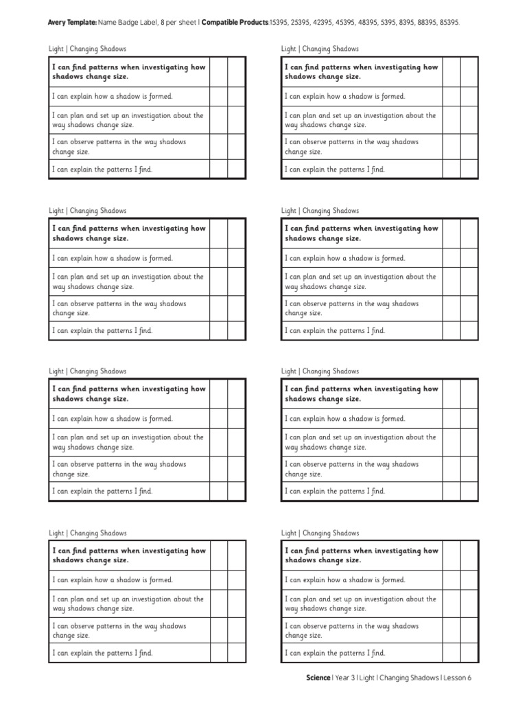 Success Criteria Grid Changing Shadows | PDF | Light