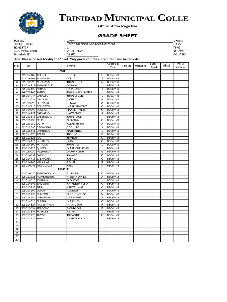 CMM Grade Sheet for BSCrim-3 Students | PDF
