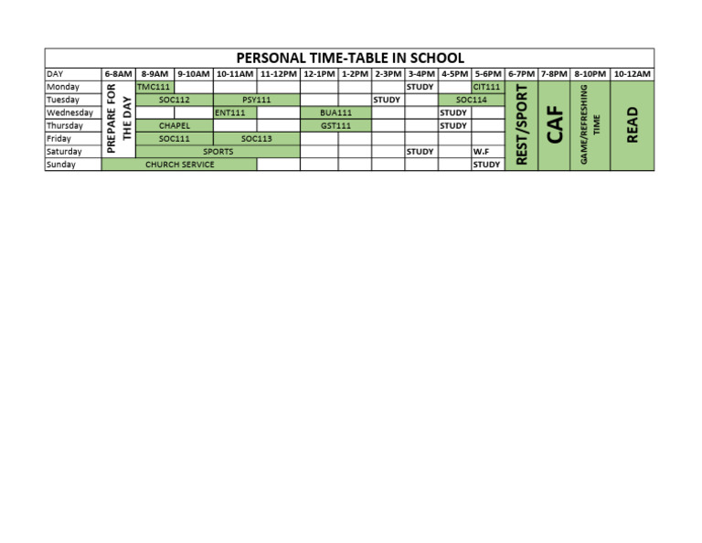 Personal Time-Table in School | PDF