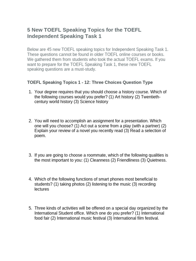 5 New TOEFL Speaking Topics For The TOEFL Independent Speaking Task 1 ...