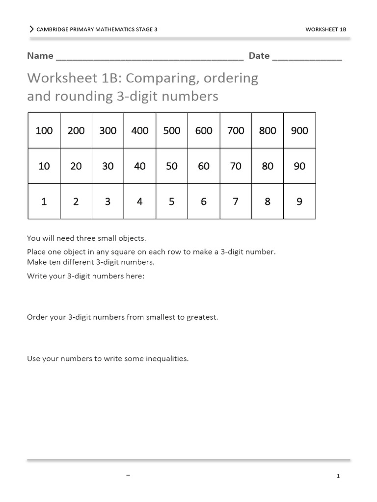 Stage 3 Math Worksheet: 3-Digit Numbers | PDF