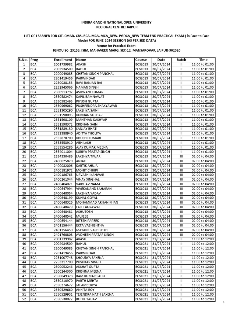 Data and Schedule of BCA - MCA - CIT - MCA - NEW Etc - For TEE JUNE 2024 Data | PDF