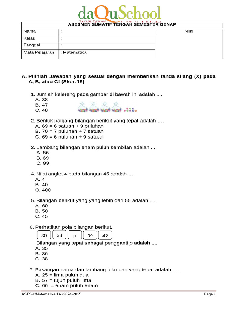 Soal ASTS 2 MTK KLS 1A | PDF