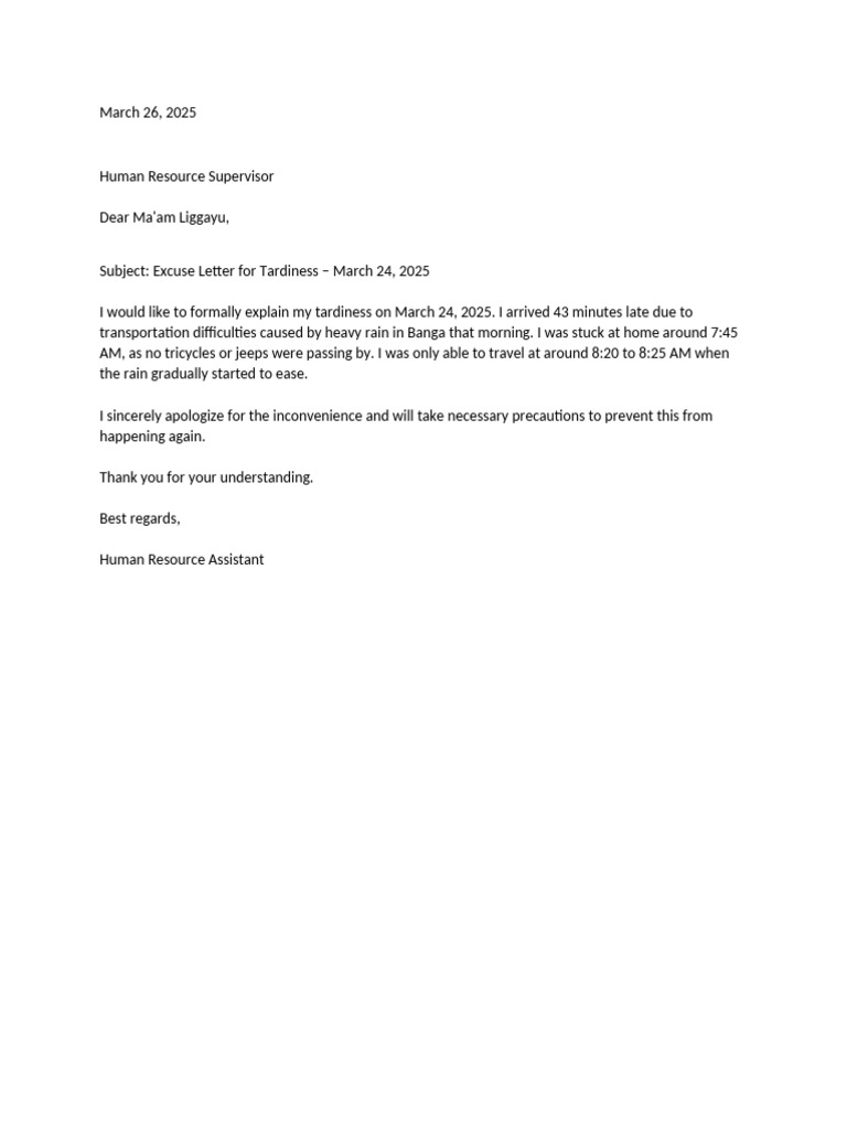 Excuse Letter For Tardiness | PDF