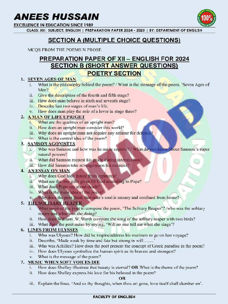 Xii-Anees Hussain Prep Paper 2025 - Hamza Op | PDF