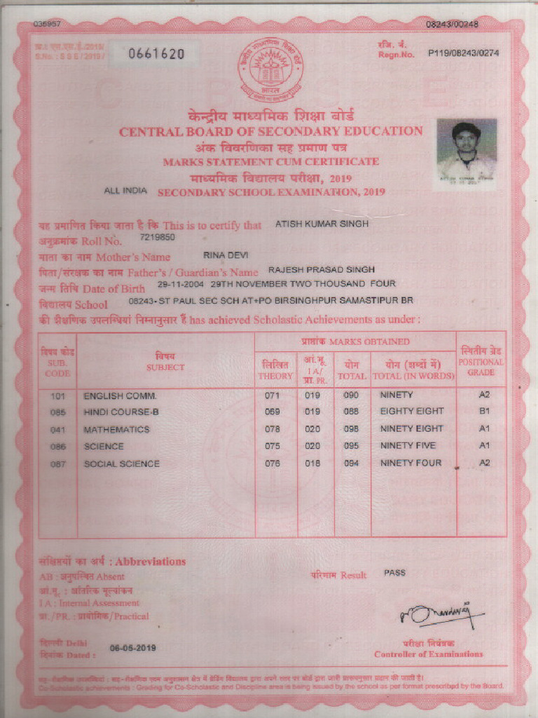 Aatish Singh 10 Marksheet | PDF