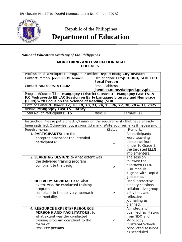 Enclosure No. 17 M - E Visit Checklist - ELLN - SOR | PDF | Learning | Cognition