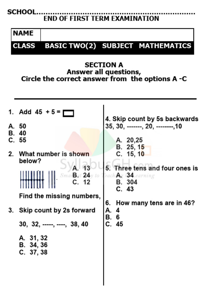 2025 B2 End of Term 1 - Mathematics | PDF | Mathematics | Elementary ...