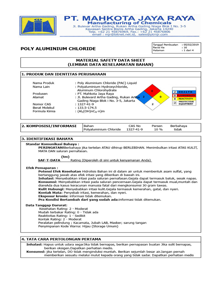 MSDS Poly Aluminium Chloride PAC | PDF