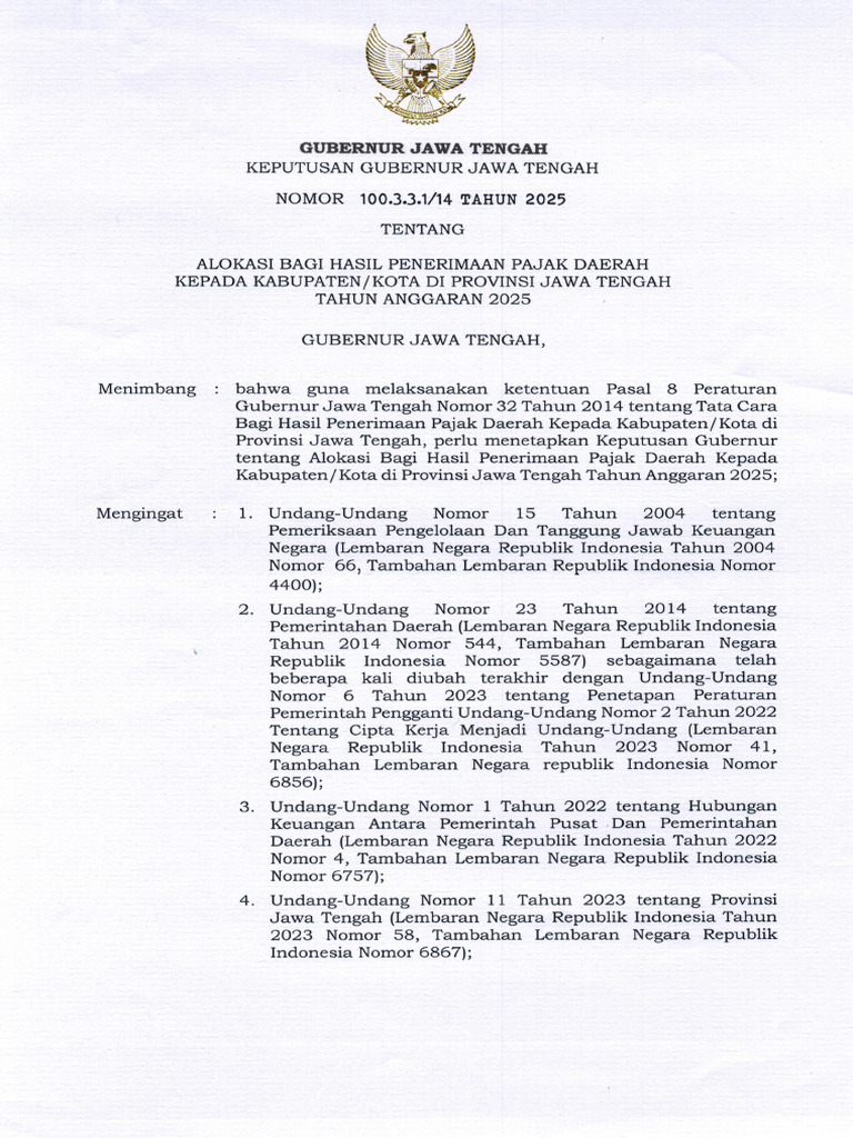 SK Gub Jateng Nomor 100.3.3.1.14 TTG Alokasi DBH Pajak KPD Kab Kota TA 2025 | PDF
