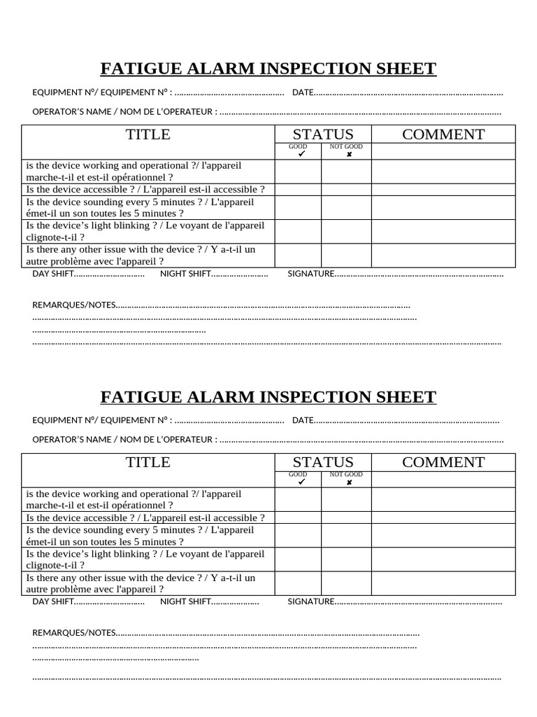 FATIGUE ALARM INSPECTION SHEET | PDF
