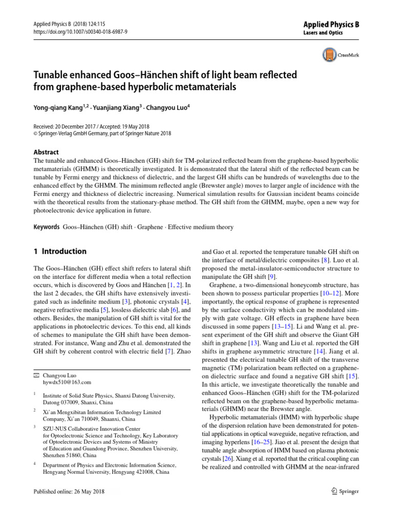 Tunable Enhanced Goos-Hänchen Shift of Light Beam Reflected From | PDF ...
