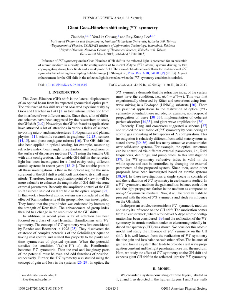 Giant Goos-Hänchen Shift Using PT Symmetry | PDF | Refractive Index ...