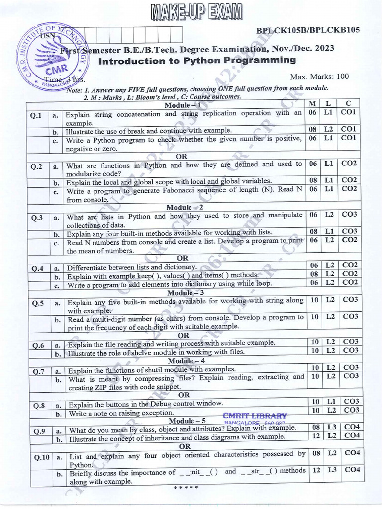 Make Up Vtu Question Paper Of Bplck105b Introduction To Python Programming Nov Dec 2023 Pdf