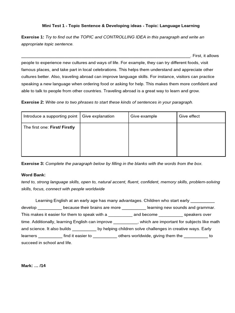 Mini Test 2 - Topic Sentence & Developing Ideas - Topic - Language ...