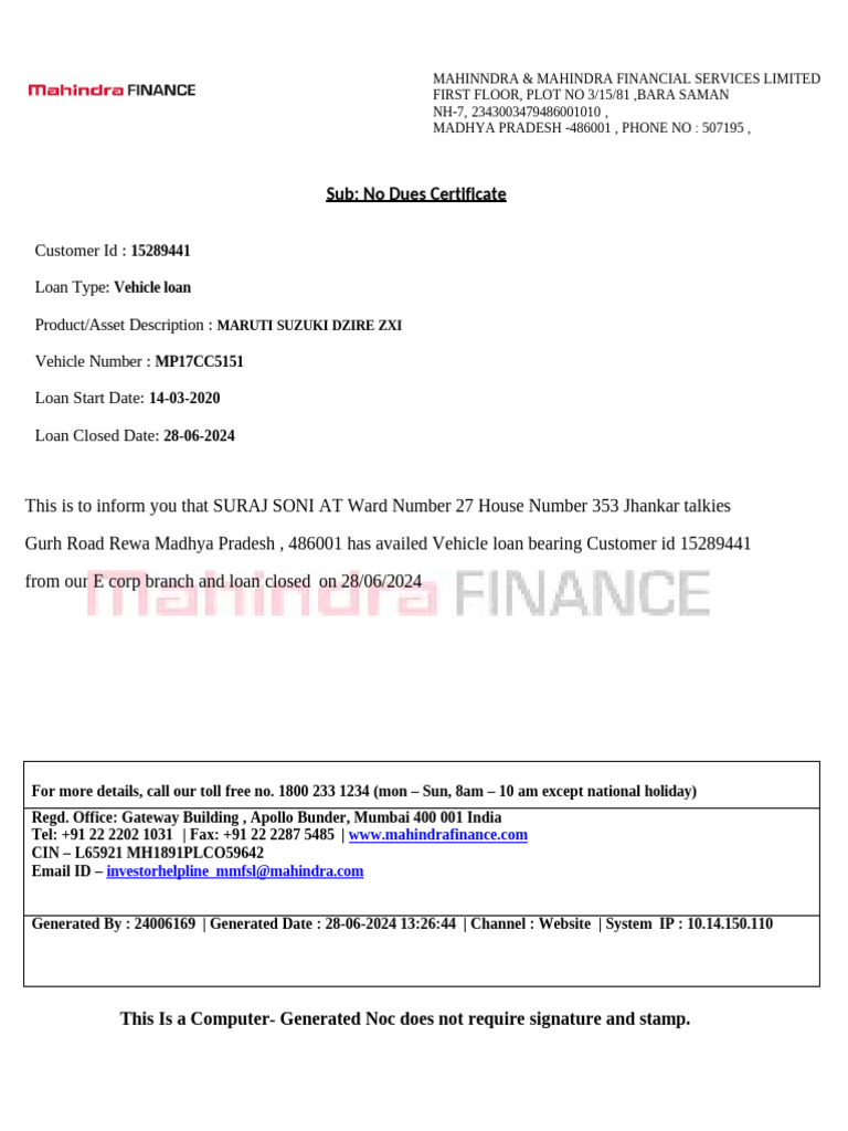 Mahindra Finance NOC Certificate 2024 | PDF