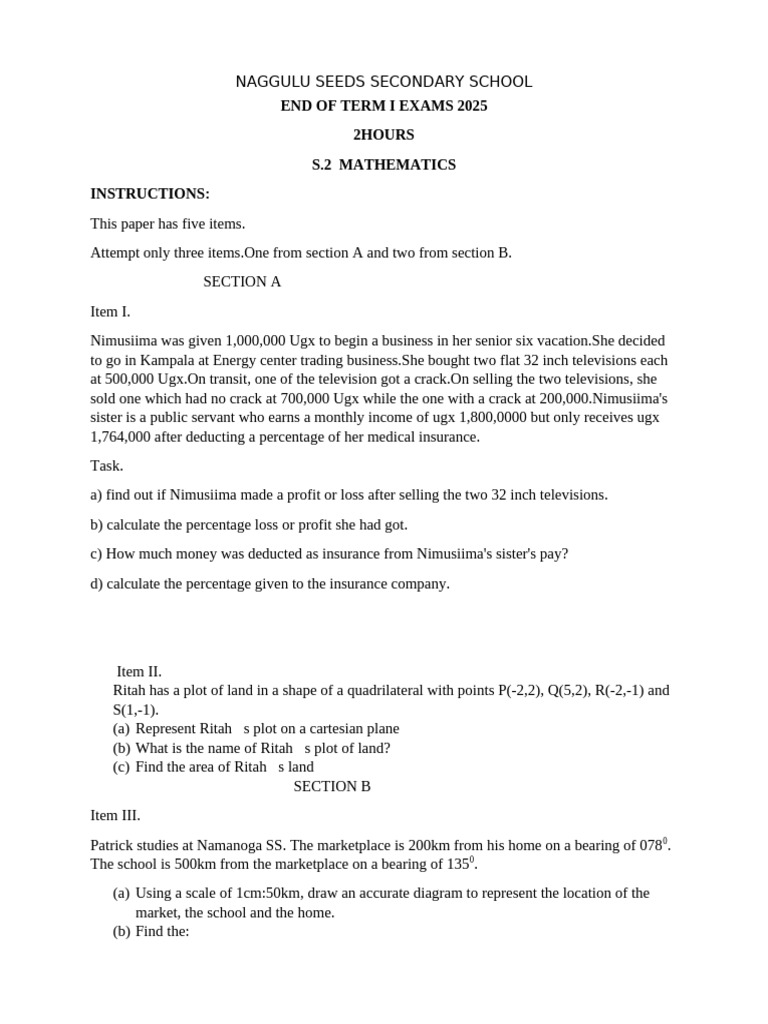 S.2 End of Term One Exams - 082430 | PDF