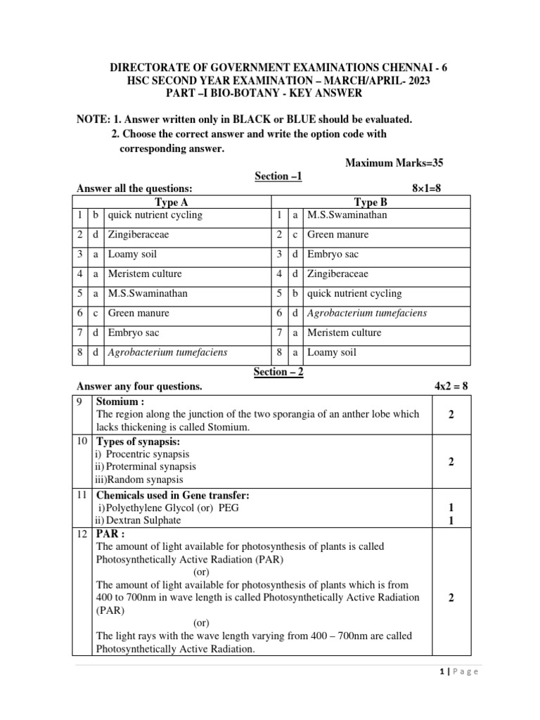 12Th Bio-Botany EM Public Exam Answer Key English Medium DGE Download ...