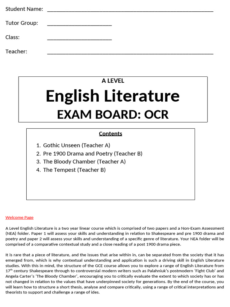 A Level OCR English Literature Overview | PDF | Gothic Fiction ...