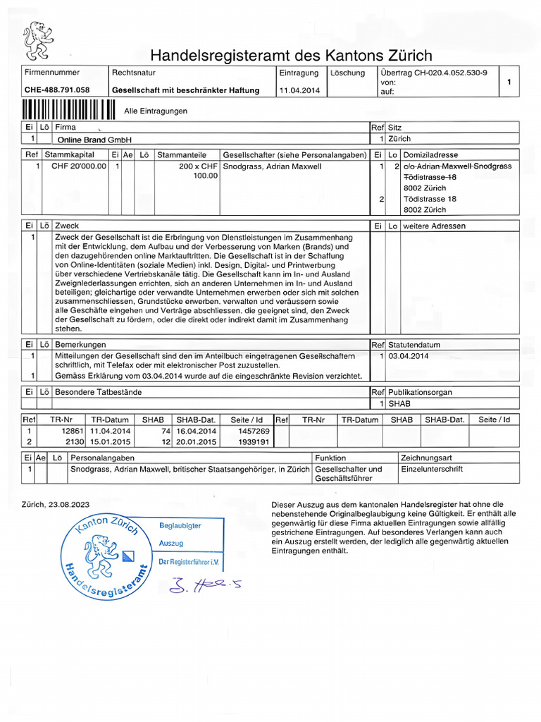 Handelsregisteramt Des Kantos Zurich CHE488791058 | PDF