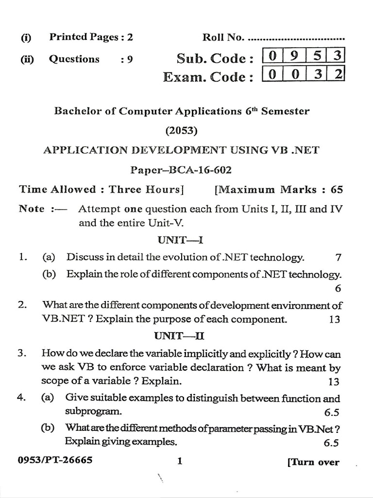 BCA_6th Sem_BCA-16-602_Application Development Using VB .NET_May 2023 | PDF
