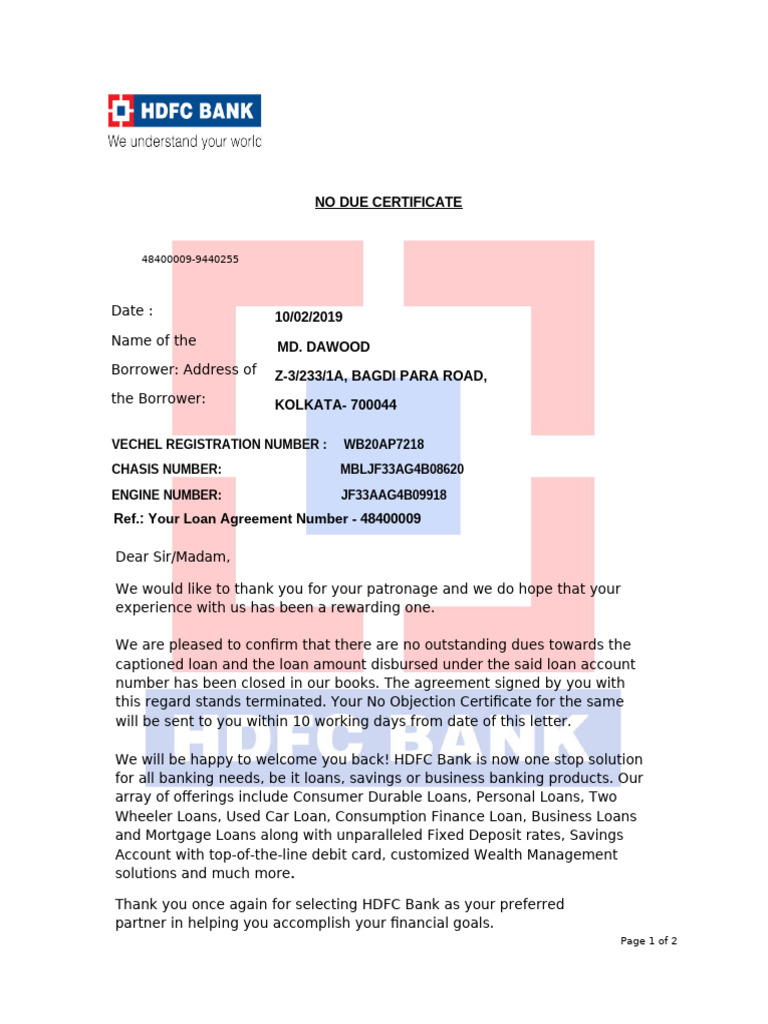 HDFC Bank Loan Closure Confirmation | PDF | Loans | Banks