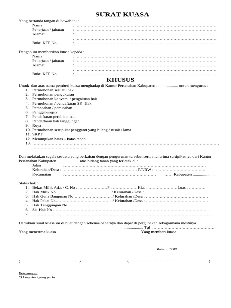 Surat Kuasa Pengurusan Tanah Resmi | PDF