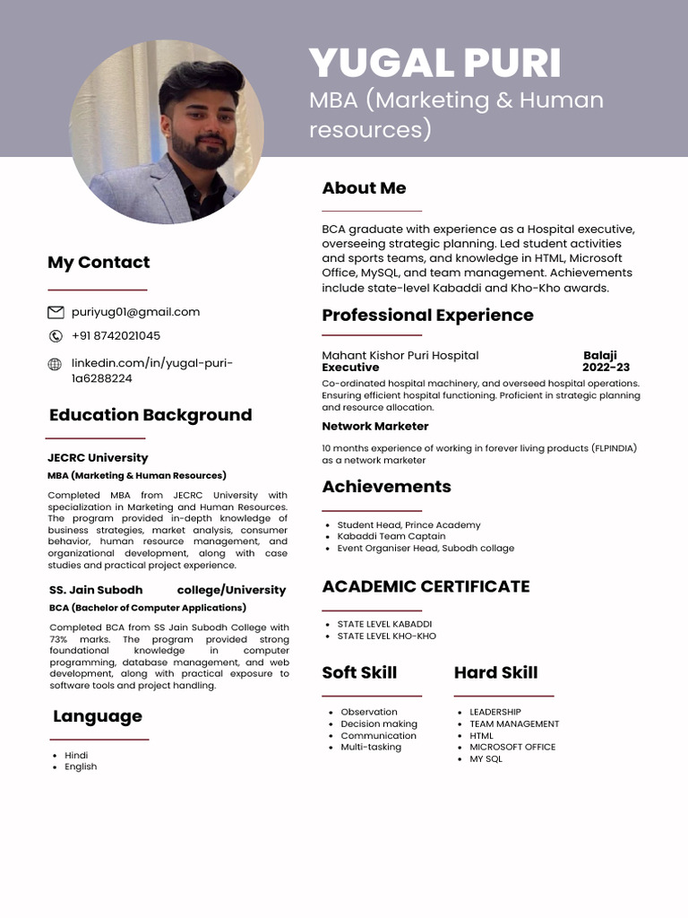 Yugal Puri: MBA Graduate & Hospital Executive | PDF | Computing | Business