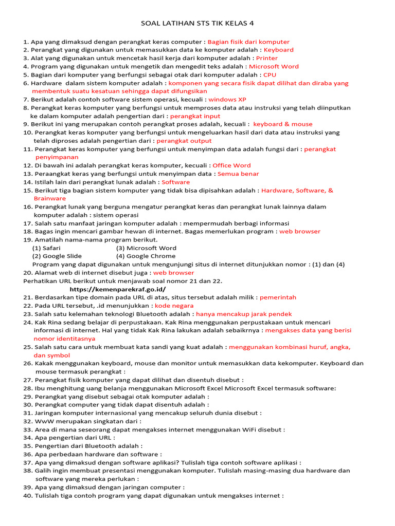 Soal Latihan Sts Tik Kls 4 | PDF