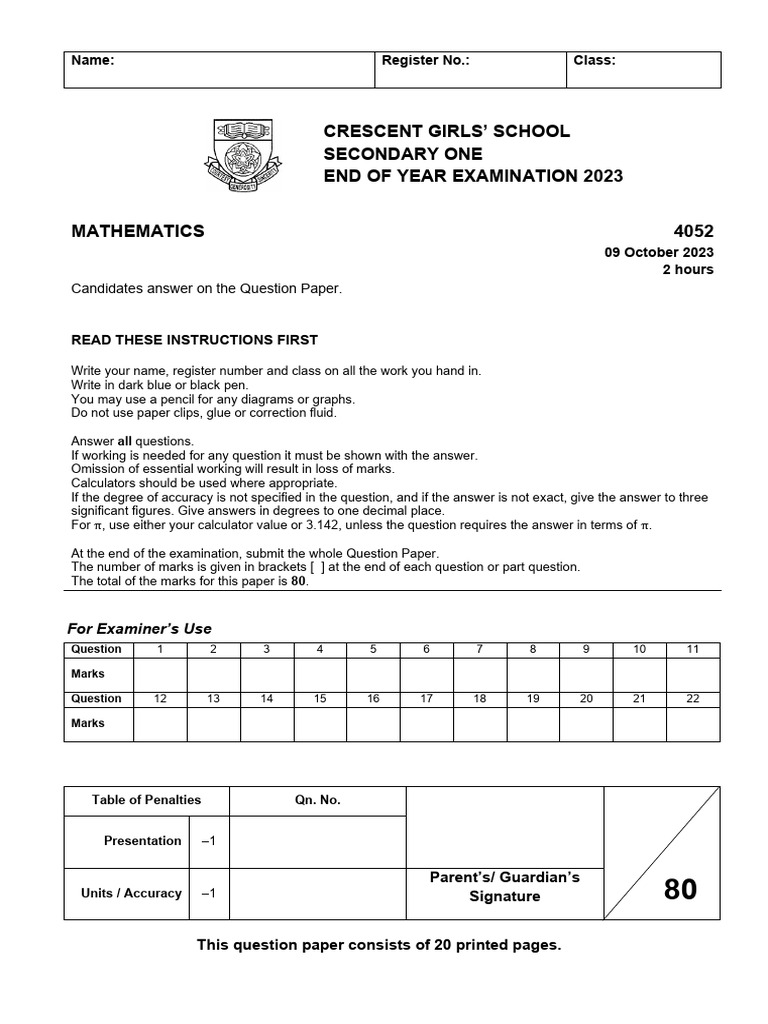 2023 CGS Sec 1 Math EOY With Ans Key | PDF | Significant Figures ...