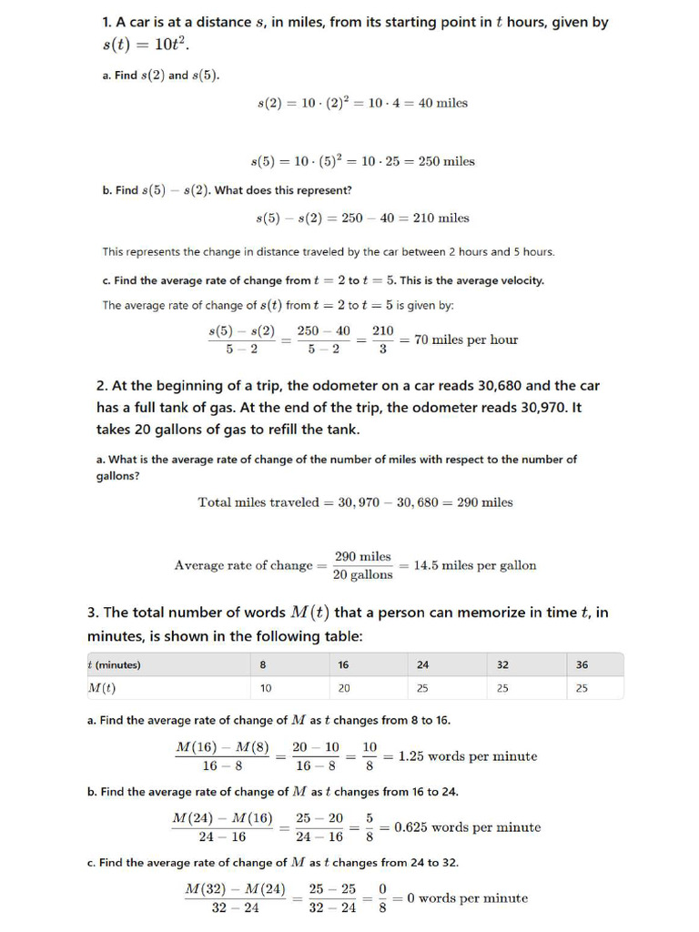 Algebra II A - SL3 - Average Rate of Change | PDF