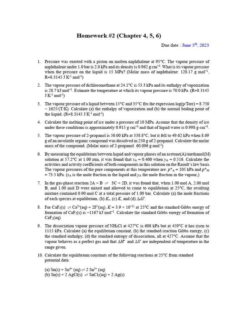 2023 Physical Chemistry - #2 Homework - Questions | PDF | Chemical ...