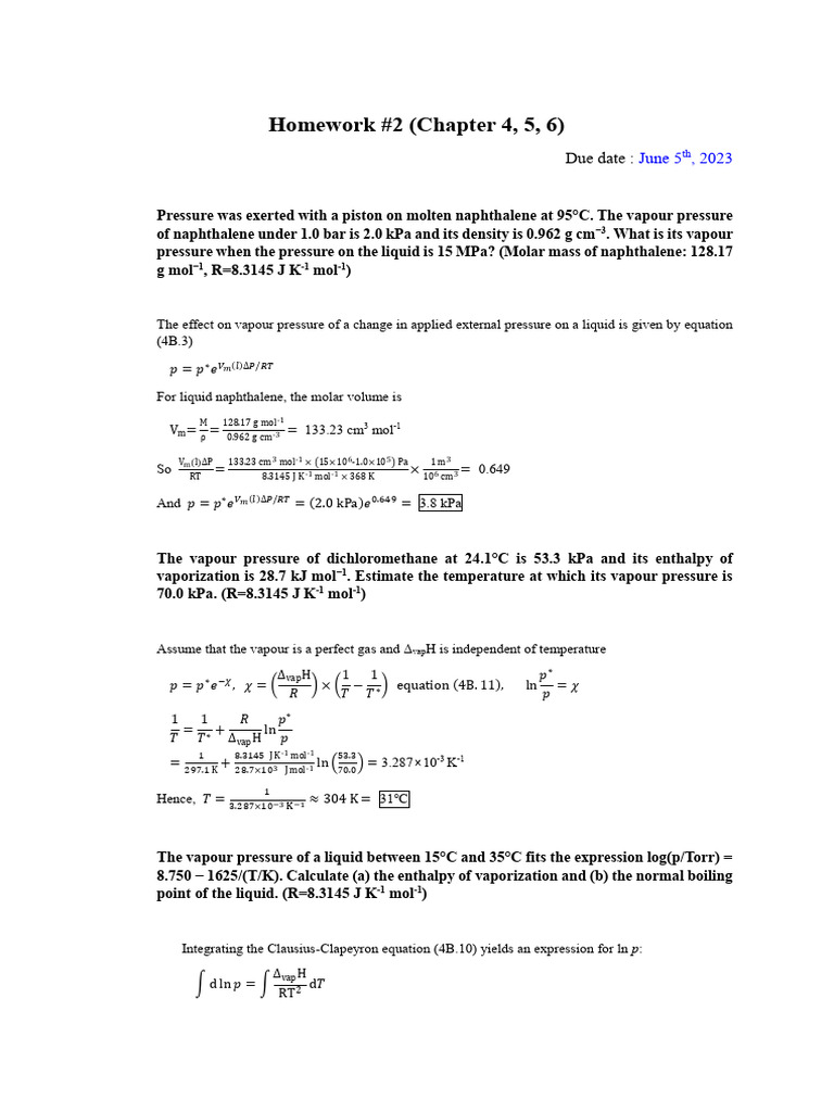 2023 Physical Chemistry - #2 Homework - Solutions | PDF | Chemical Equilibrium | Gases