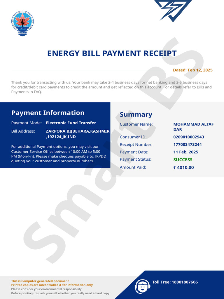JKPDD Energy Bill Payment Receipt 2025 | PDF