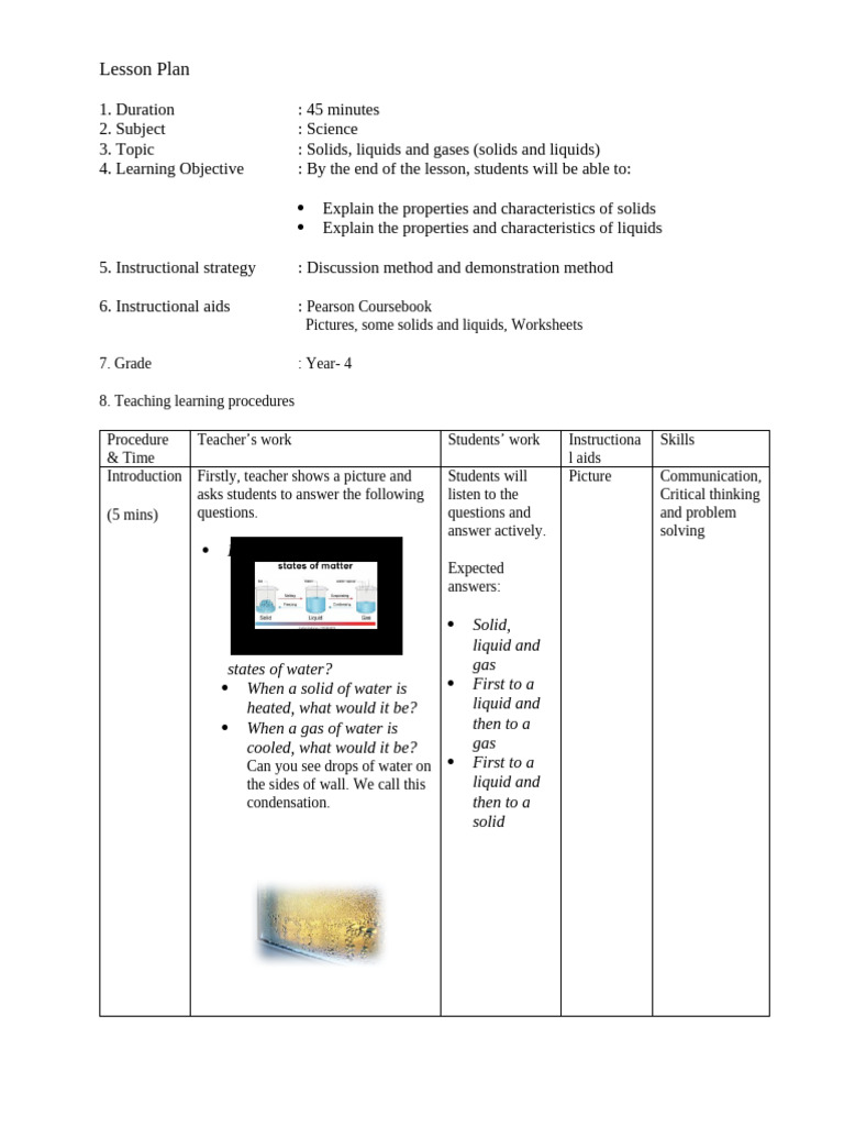 Year-4 Science (Lesson Plan) | PDF | Liquids | Lesson Plan