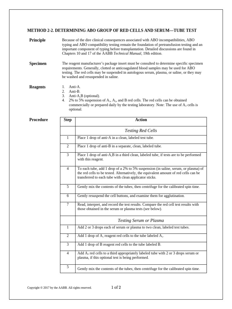 2-2 Determining ABO Red Cells and Serum, Tube Test | PDF | Blood Plasma ...