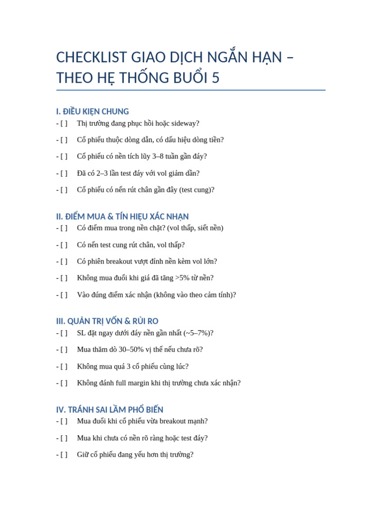 Checklist GiaoDichNganHan Buoi5 | PDF