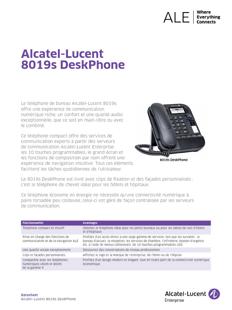 Datasheet Alcatel-Lucent 8019s DeskPhone | PDF | Téléphone